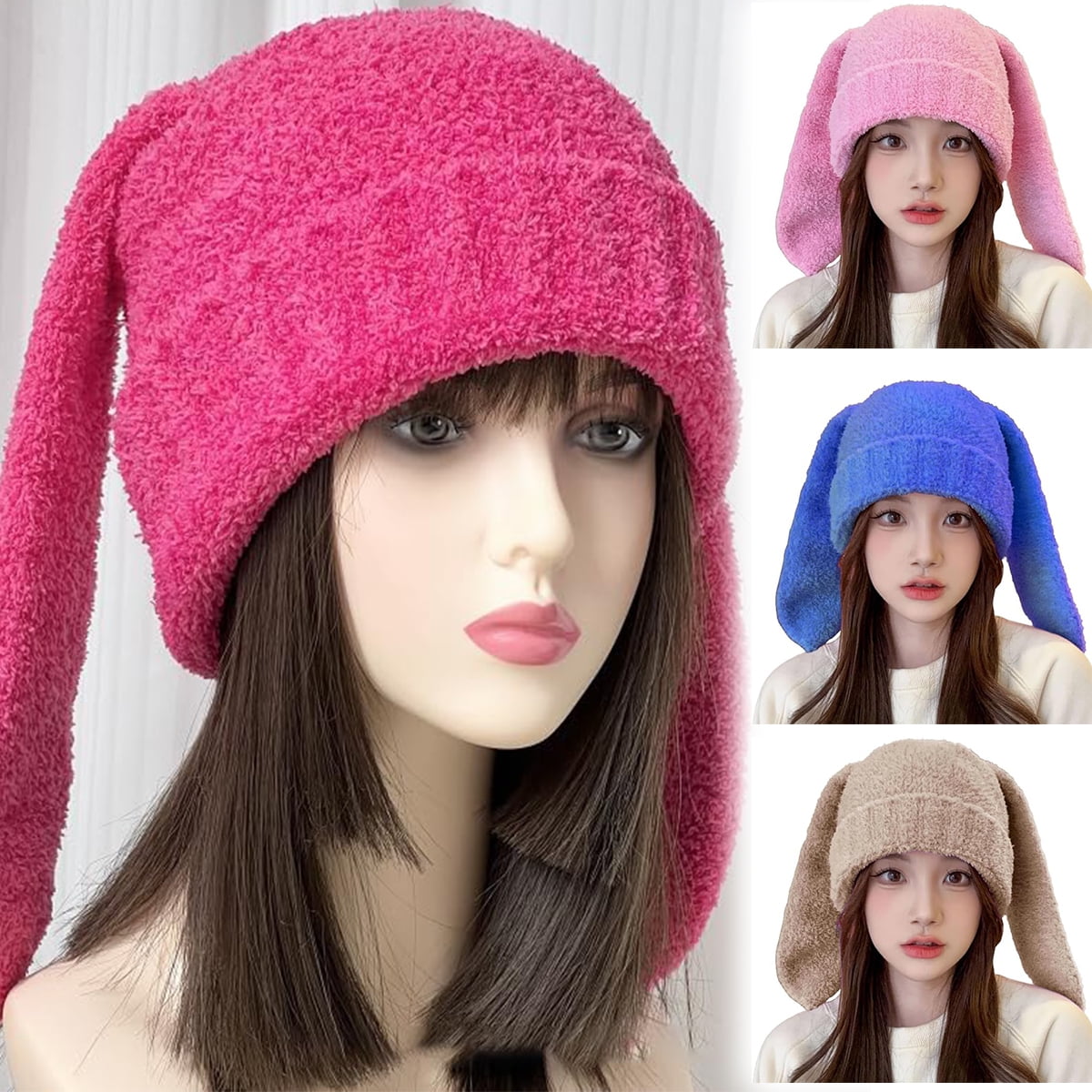 Knit Beanie Hats for Women Bunny Winter Cap Faux Fur Warm Knit Rabbit Crochet Skull Cap Ski ...