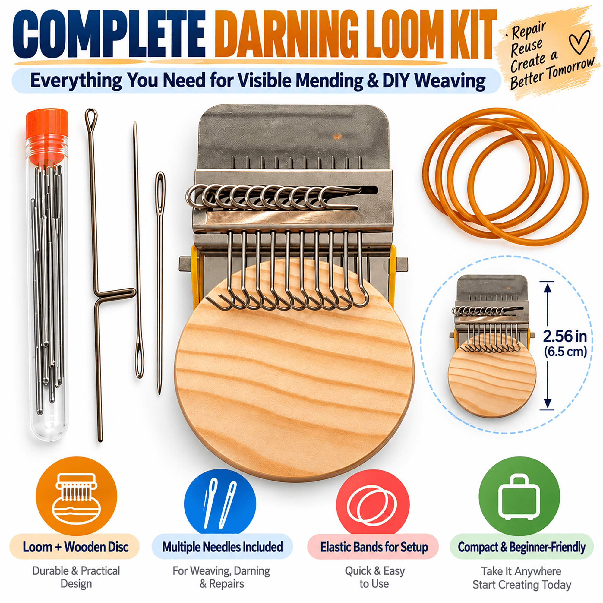 Knit Patch Kit, 12-Needle Darning Loom for Beginners, Mini Darning Kit ...