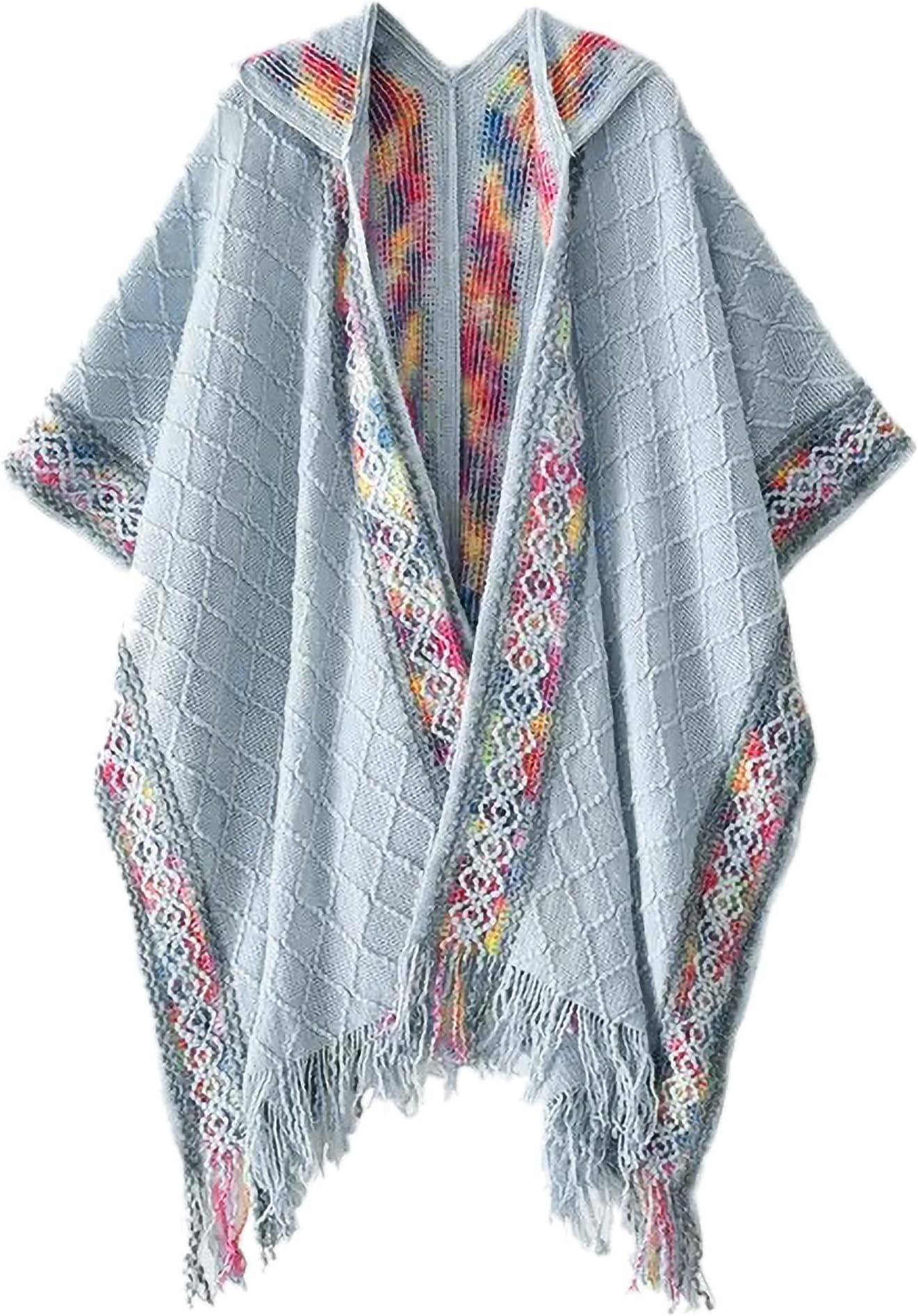 Knit Shawl Wraps for Women Soft Fringe Poncho Sweater Cape with Hooded ...