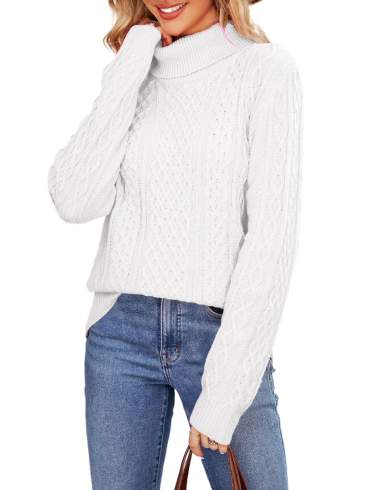 Knit Sweaters for Women Turtlenck Pullover Sweater Long Sleeve Cable Knitted Chunky Pullover ...