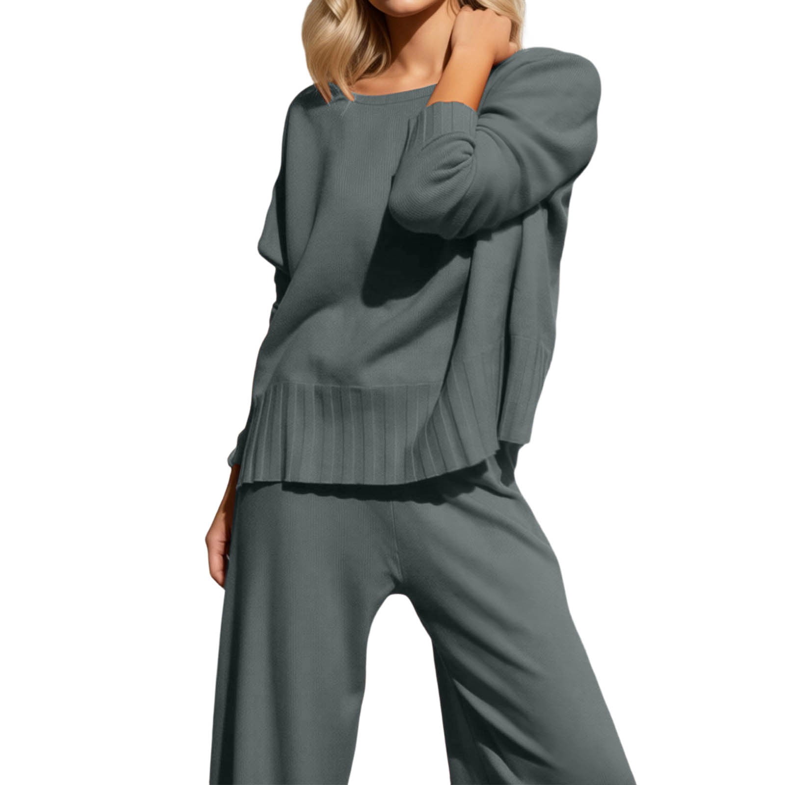 Knit Trousers Set for Women Loose Fit Casual Two Piece with Sweater and ...