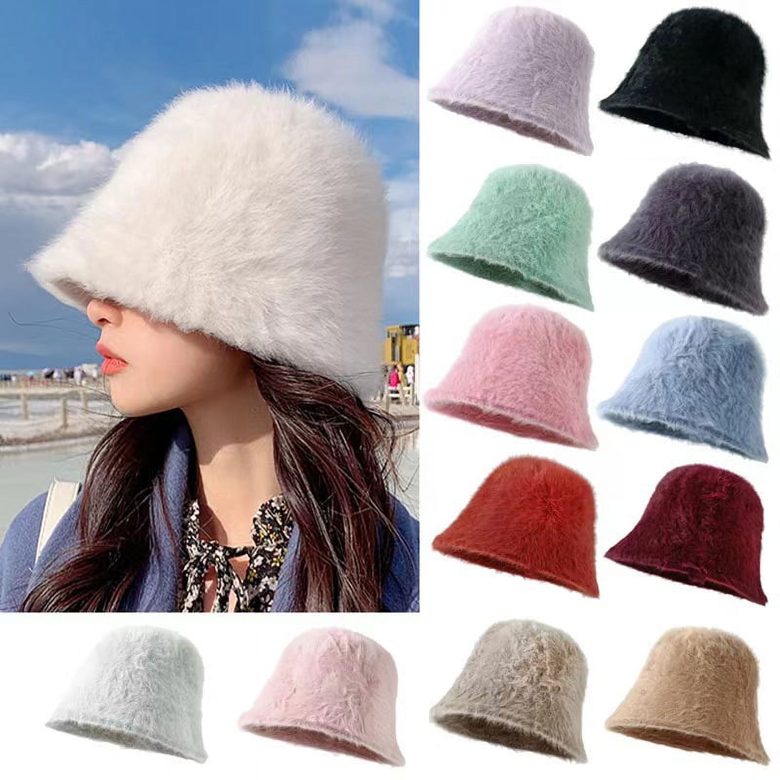 Knitted Bucket Hat Plush Fuzzy Fur Hat Fluffy Winter Hats for Women and ...