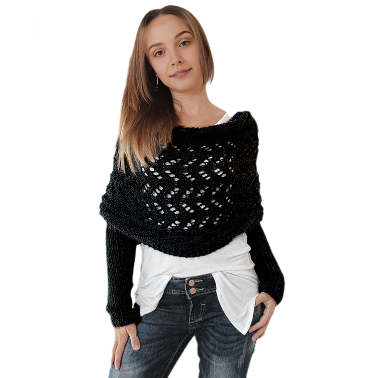 Knitted Cable Wrap Scarf with Sleeves Soft Bohemian Style Shawl Scarf ...