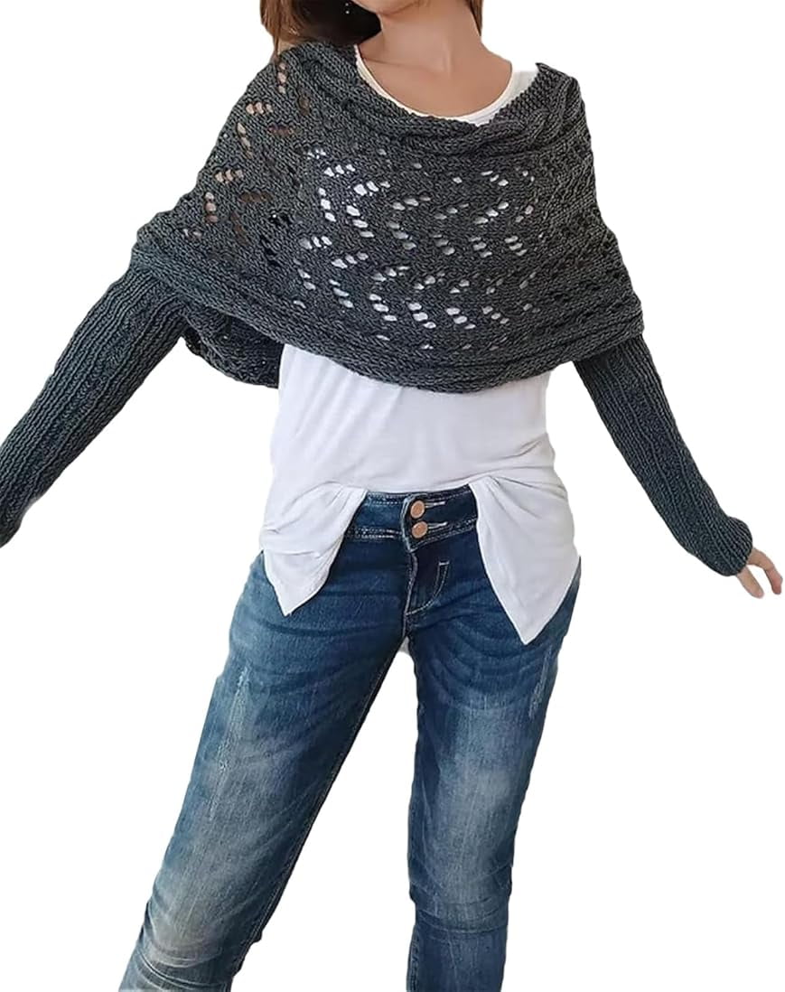 Knitted Cable Wrap Sweater Scarf with Sleeves for Women ...
