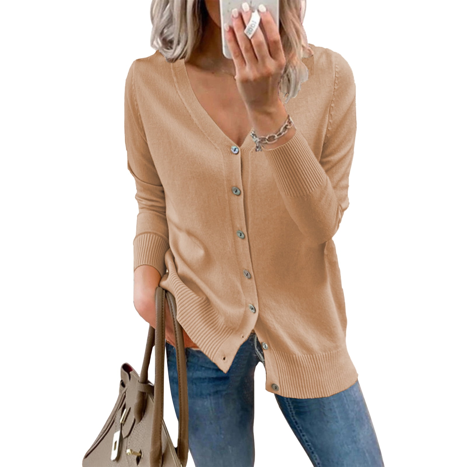 Knitted Cardigan Single Row Button V Neck Ribbed Cuffs Long Sleeves ...