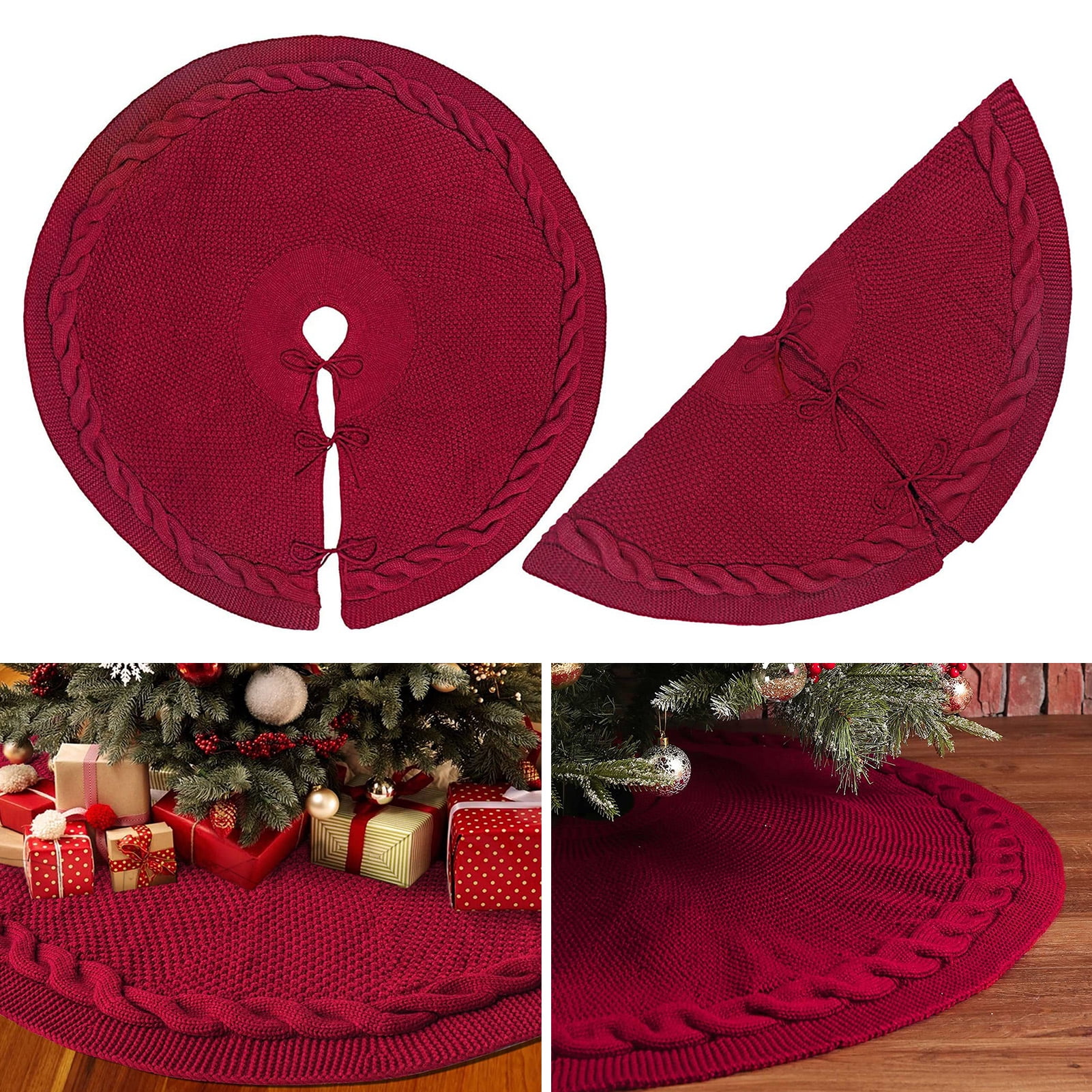 Knitted Christmas Tree Skirt Braided Rope Knit Xmas Tree Decoration for ...