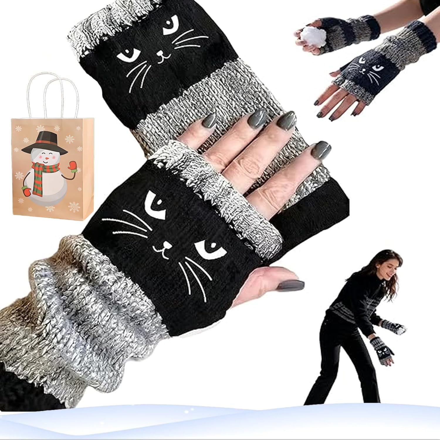 Knitted Fingerless Gloves for Women, Cute Cat Splicing Design, Warm ...