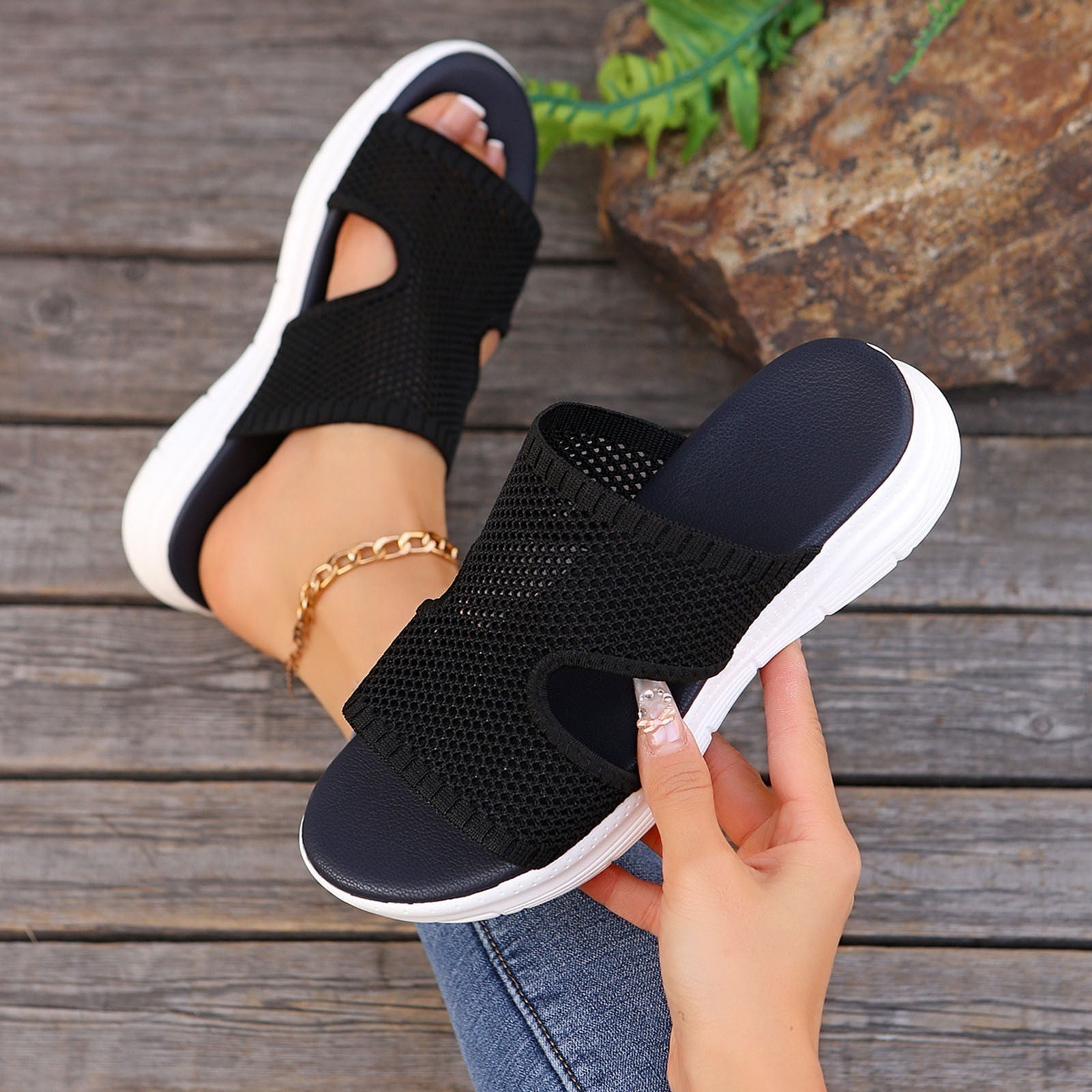 Knitted Flat Sandals for Women Soft Summer Slide Sandals Casual Slip on ...