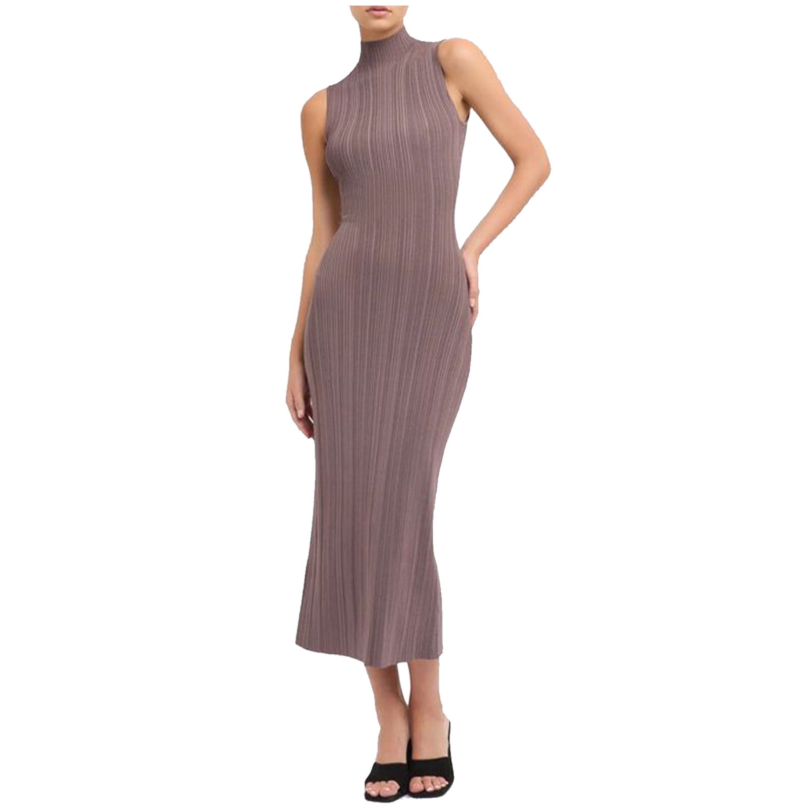 Knitted High Neck Sleeveless Sweater Dress Elegant French European Midi ...