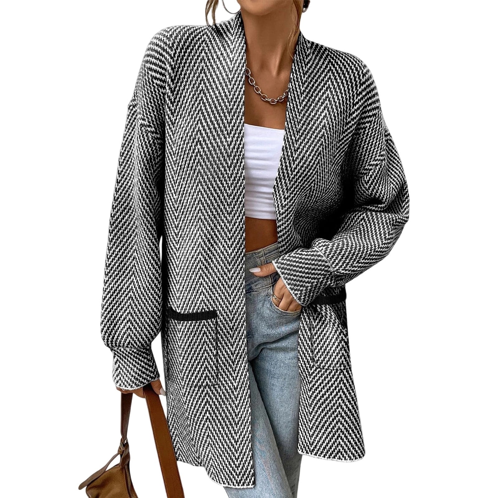 Knitted Long Jackets for Women Open Front Sweater Cardigan with Pockets ...