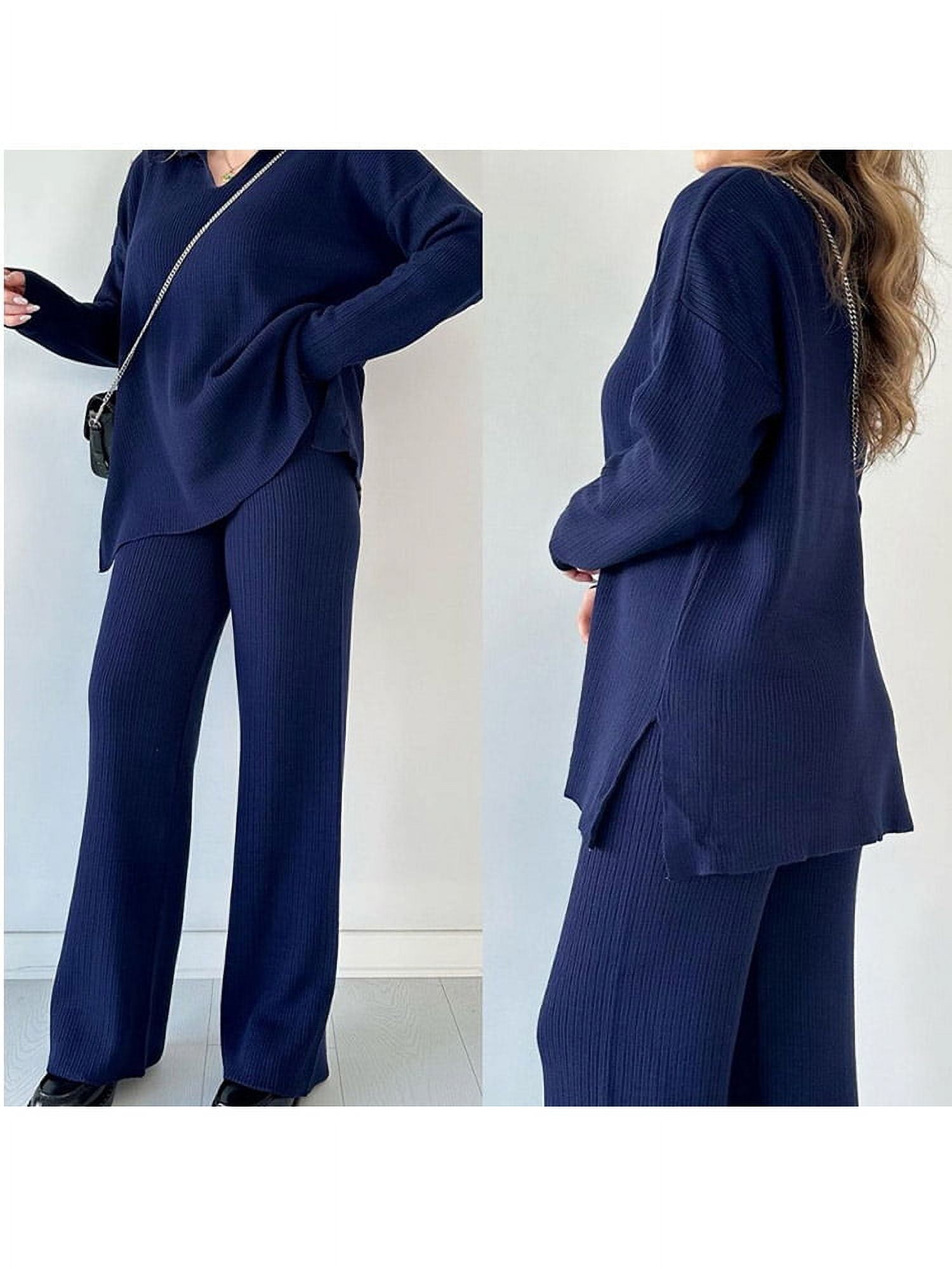 Knitted Loose Solid Women Pant Suits V Neck Split Female Pullover Suit ...