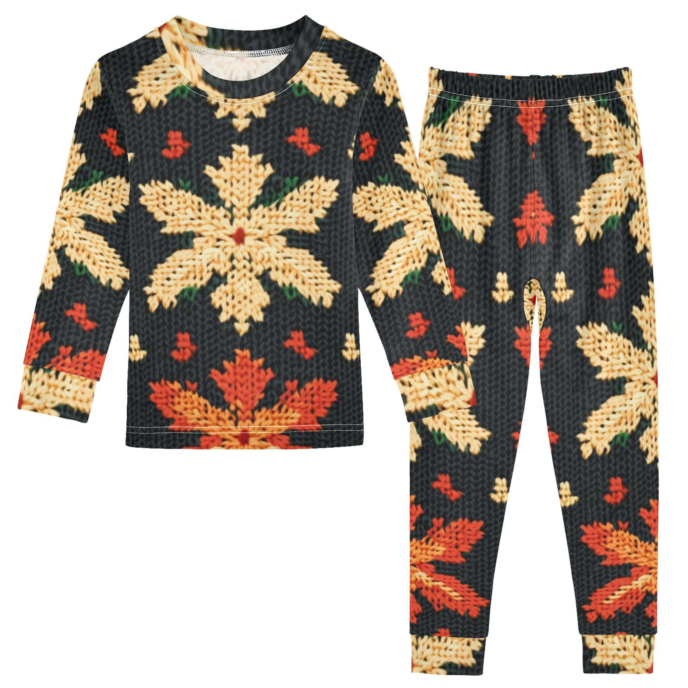 Knitted Pattern Maple Leaves Cotton Pajama Set Long Sleeve Top and ...