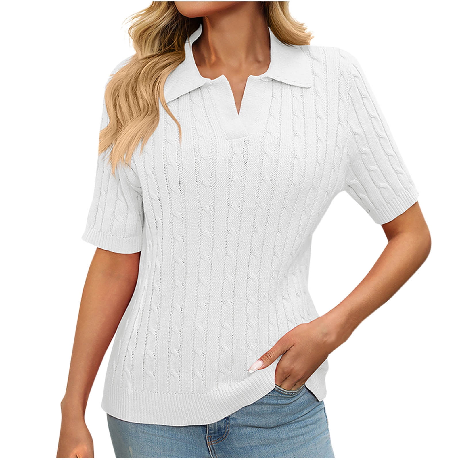 Knitted Short Sleeve Blouse Tops for Women Stretch Soft Lapel Neck ...