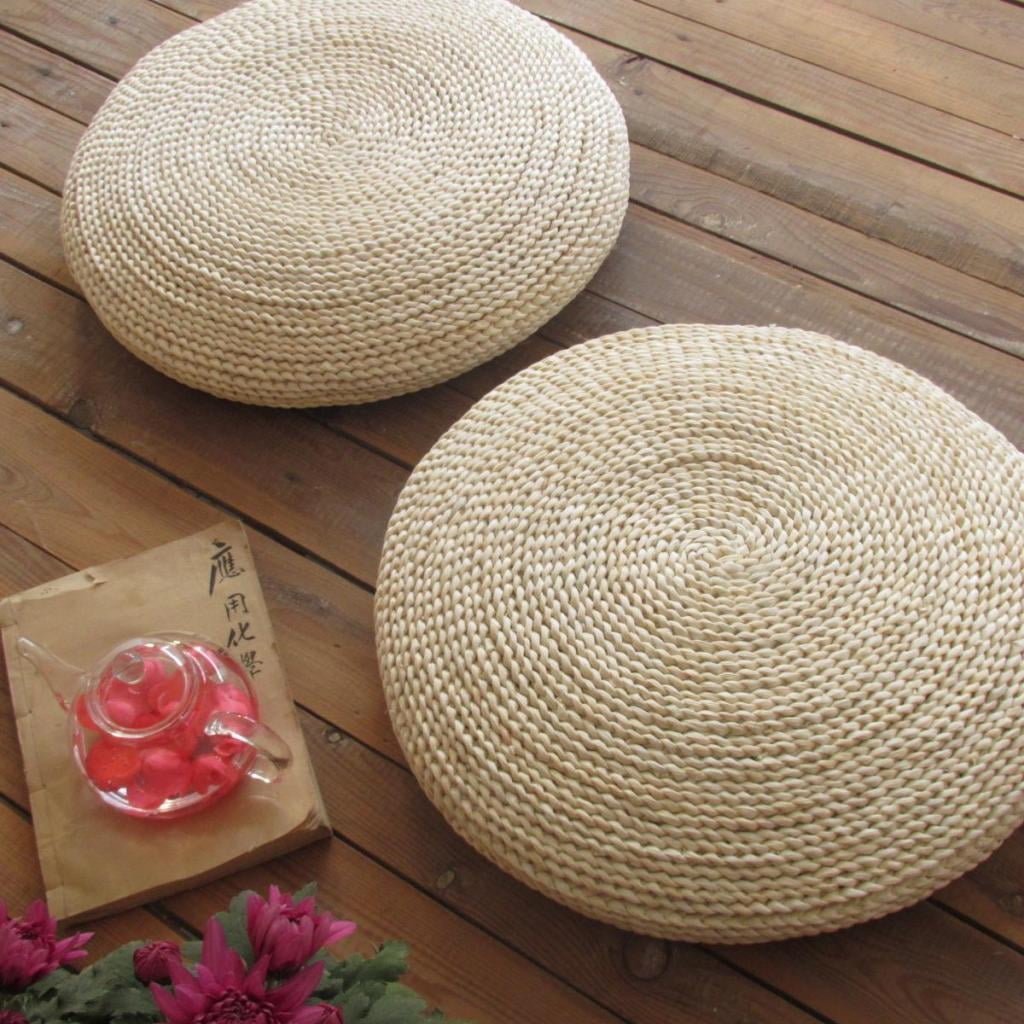 Knitted Straw Flat Seat Cushion, 15.7inch Round Pouf Tatami Cushion ...