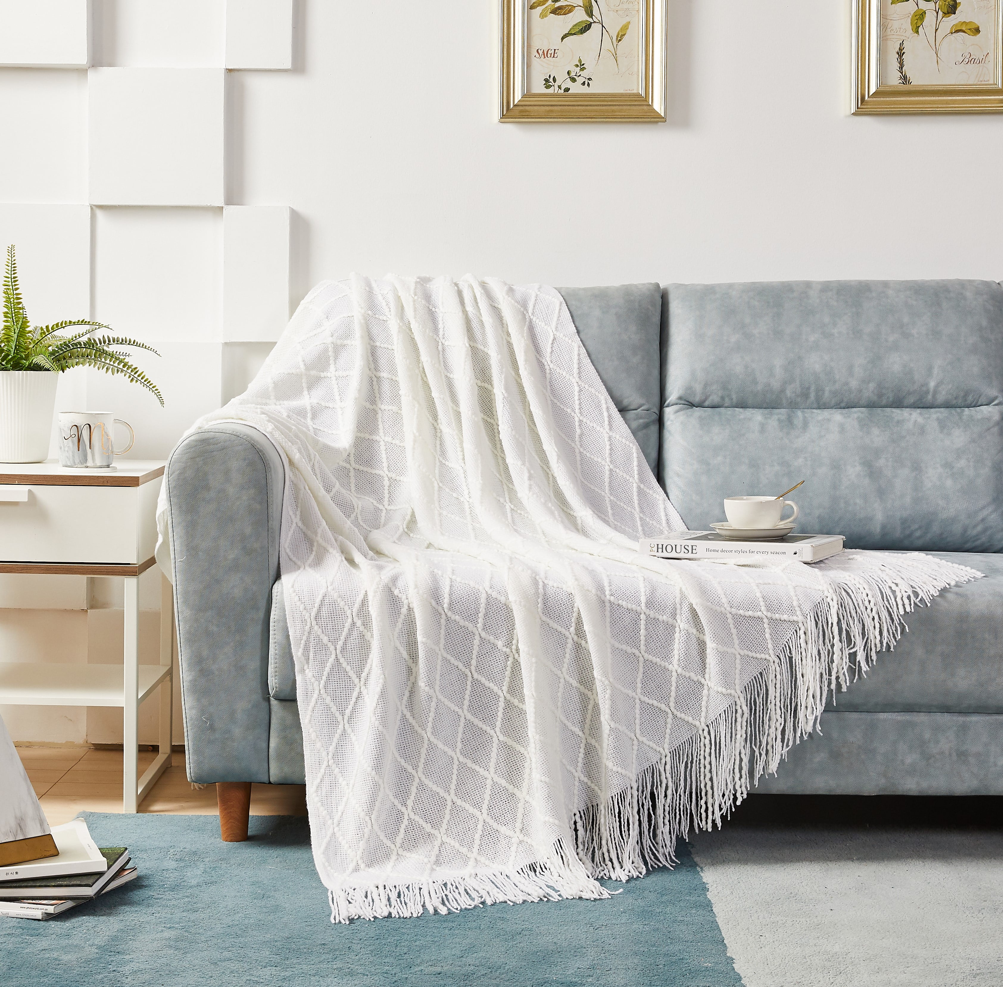 Modernly Basic Geometric Knitted Throw Blanket with Fringe, 50 x 60 ...
