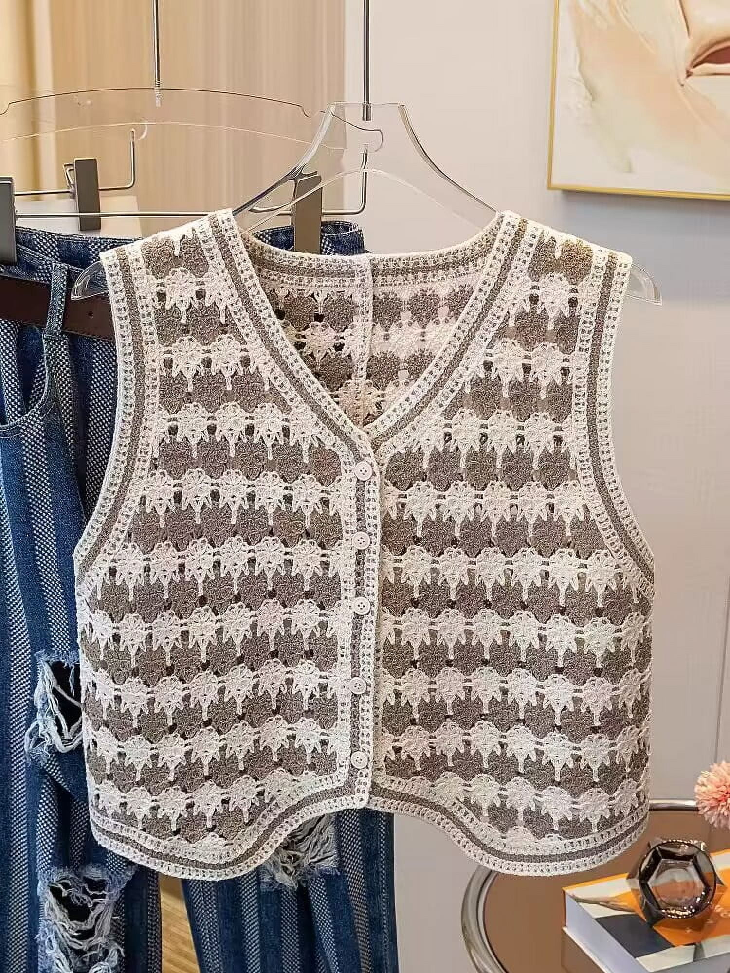 Knitted Vest Women Spring Summer Ethnic Style Plaid Sleeveless Seaside ...