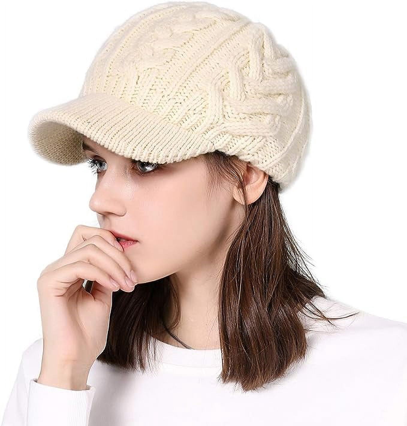 Knitted Winter Wool Lined Women's Knit Visor Beanie: Warm Newsboy Hat ...