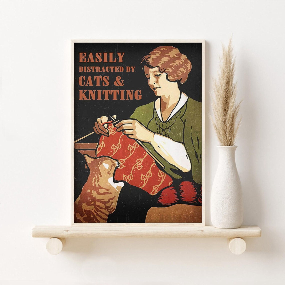 Knitting With Cat Art, Easily Distracted By Cat And Knitting Print ...