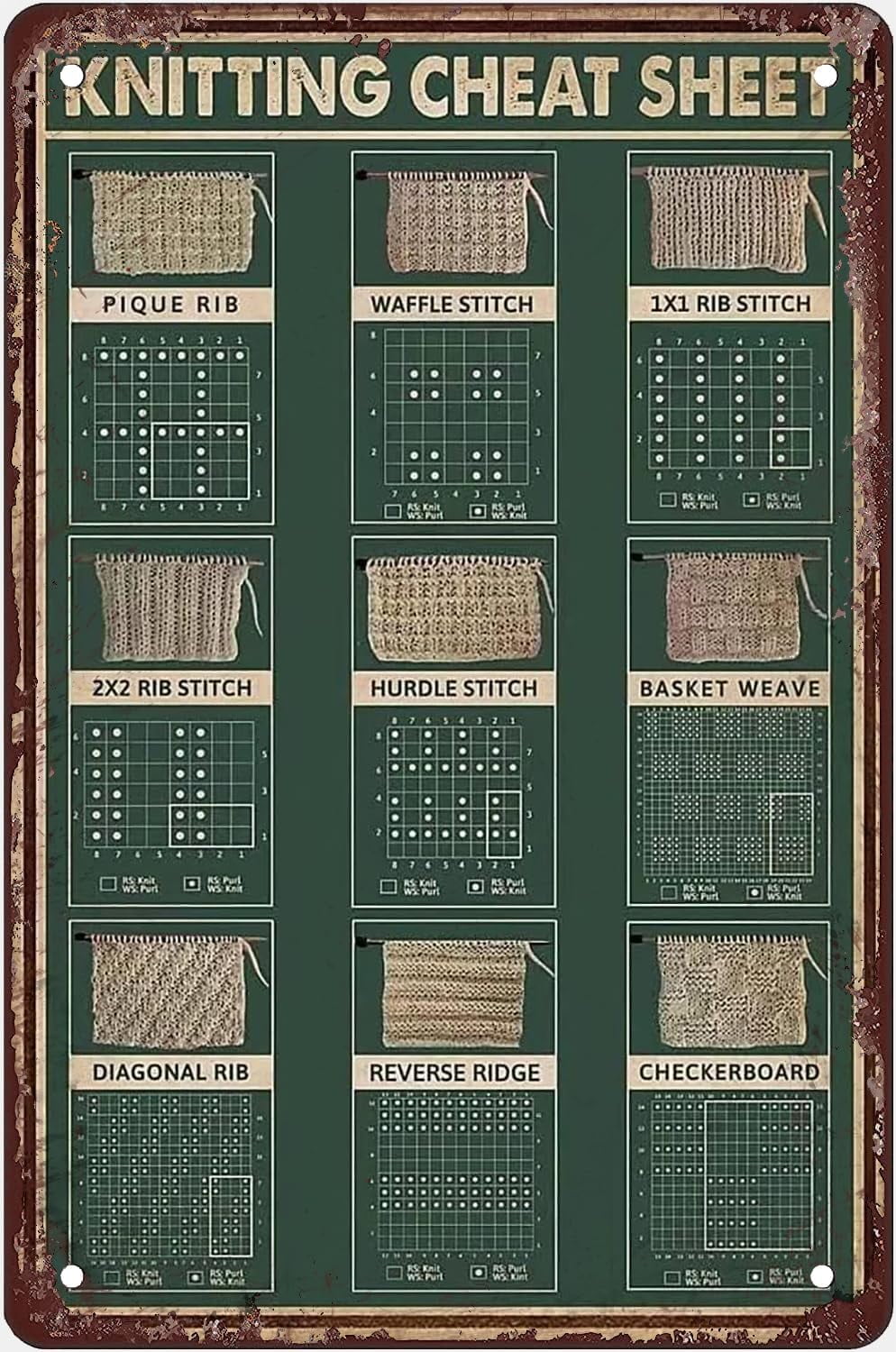 Knitting Infographics Metal Tin Sign Knitting Cheat Sheet Reading Tin