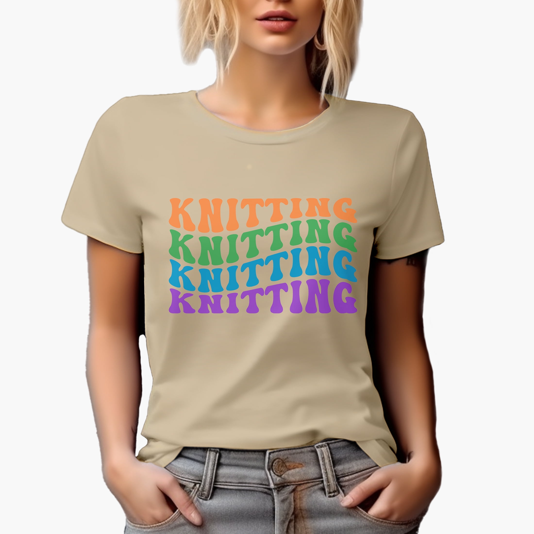 Knitting, Knitter Themed, Groovy Retro Wavy Text Merch Gift, Tan T ...