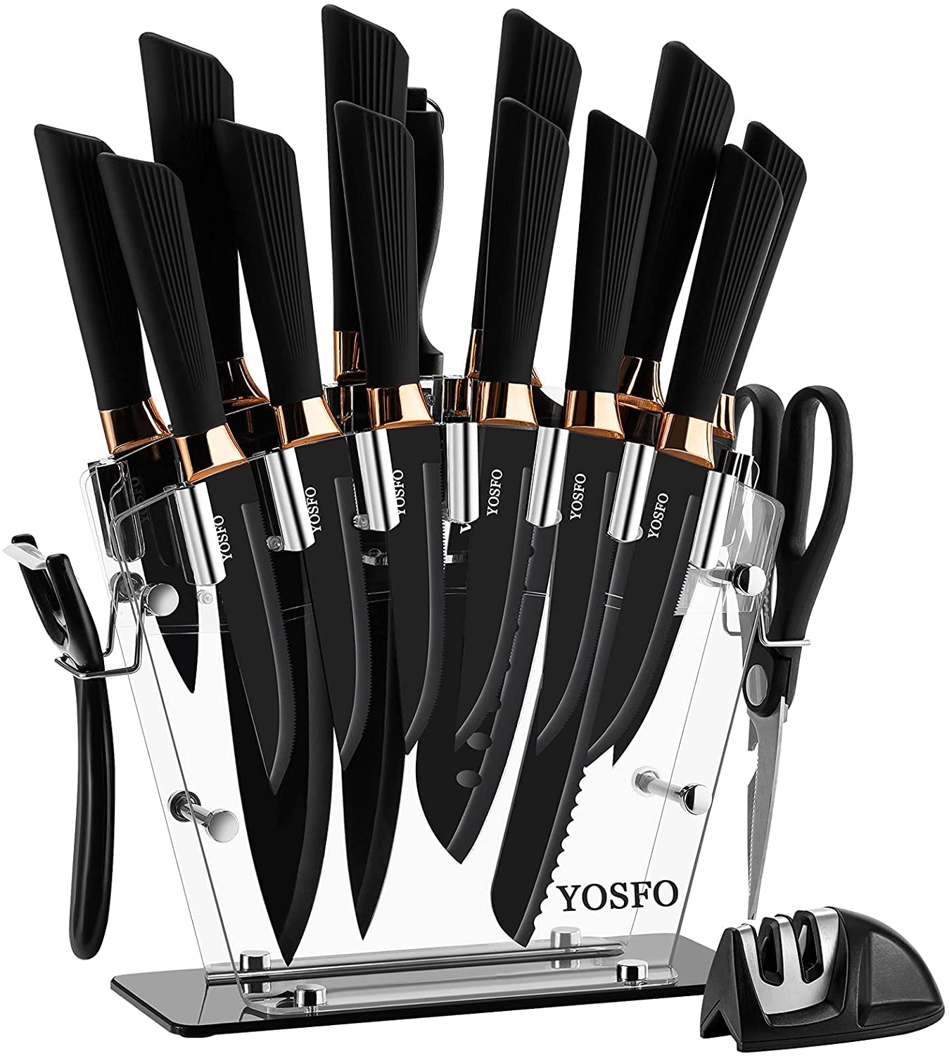 Knives Set with Acrylic Stand, 17Pcs Stainless Steel Knife Block Set ...