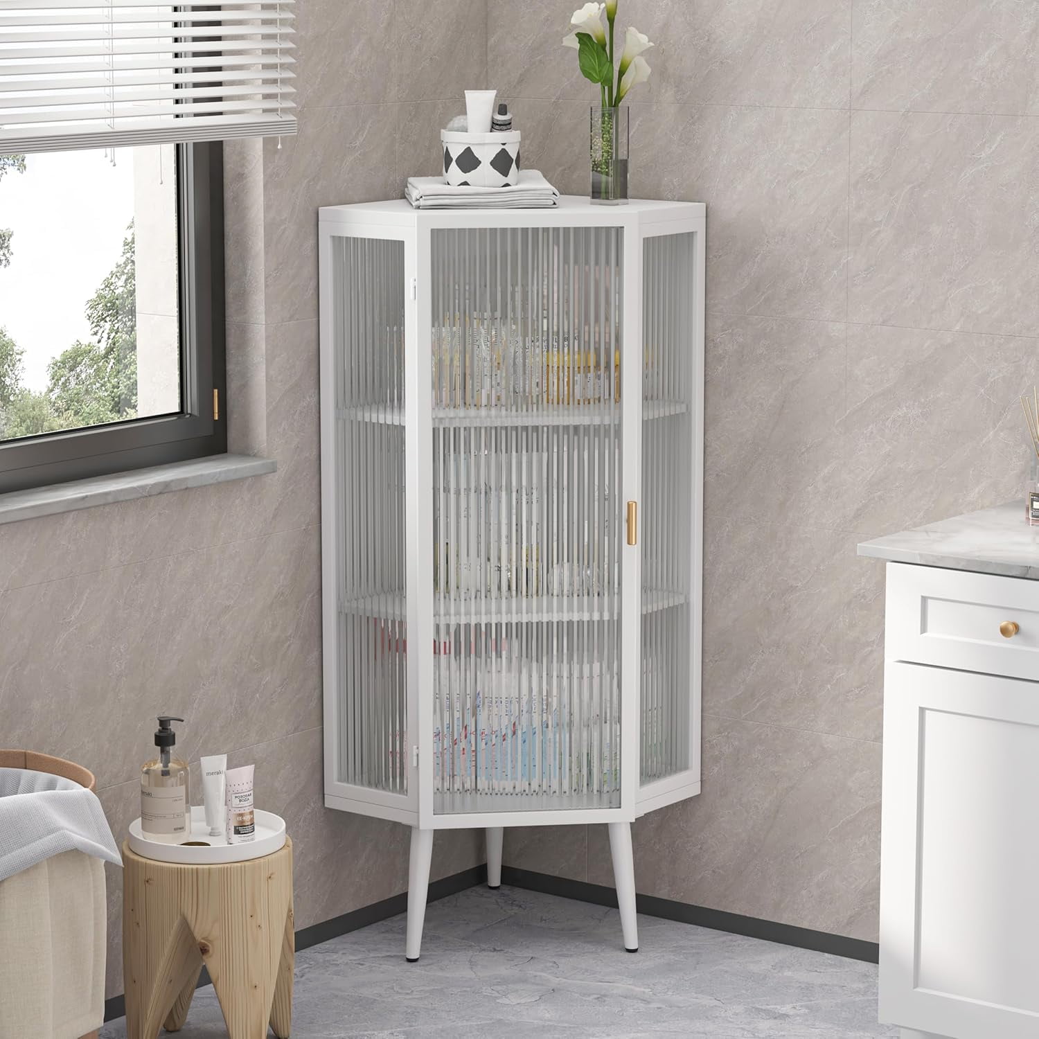 Knocbel Metal Corner Storage Cabinet with Tempered Glass Door and Fixed ...