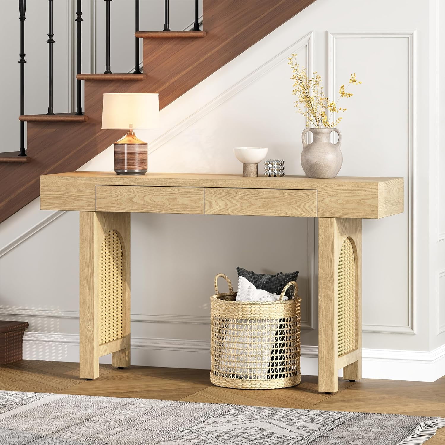 Knocbel Narrow Console Table with Rattan Accent Leg, Rustic Modern ...