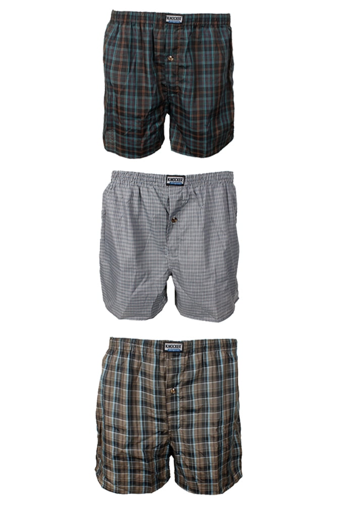 Knocker Men's 3 Pack Plaid Button Fly Boxer Shorts Dark Green Multi S ...