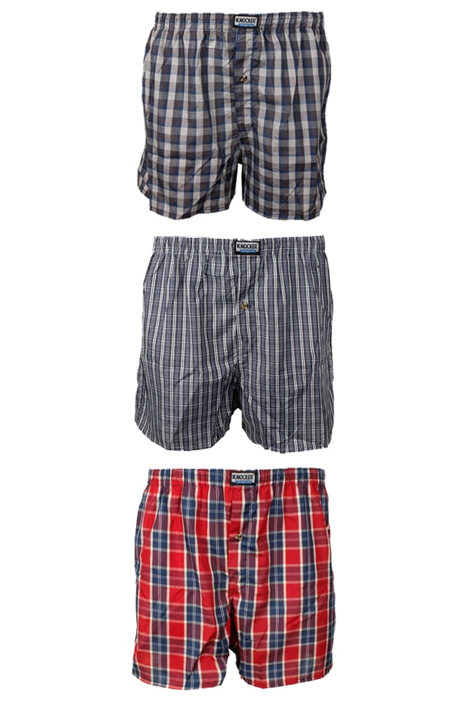 Knocker Men's 3 Pack Plaid Button Fly Boxer Shorts Red Multi S ...