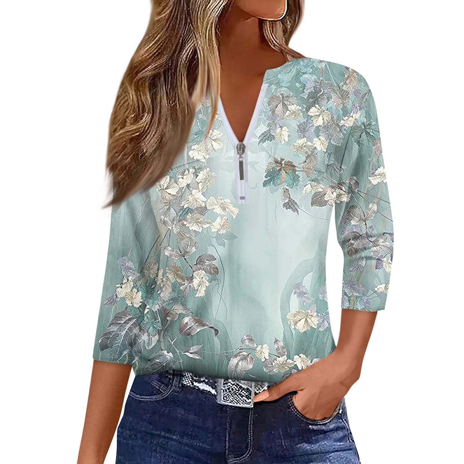 Knosfe 3/4 Length Sleeve Womens Tops Zip V-Neck Floral Print Shirts ...