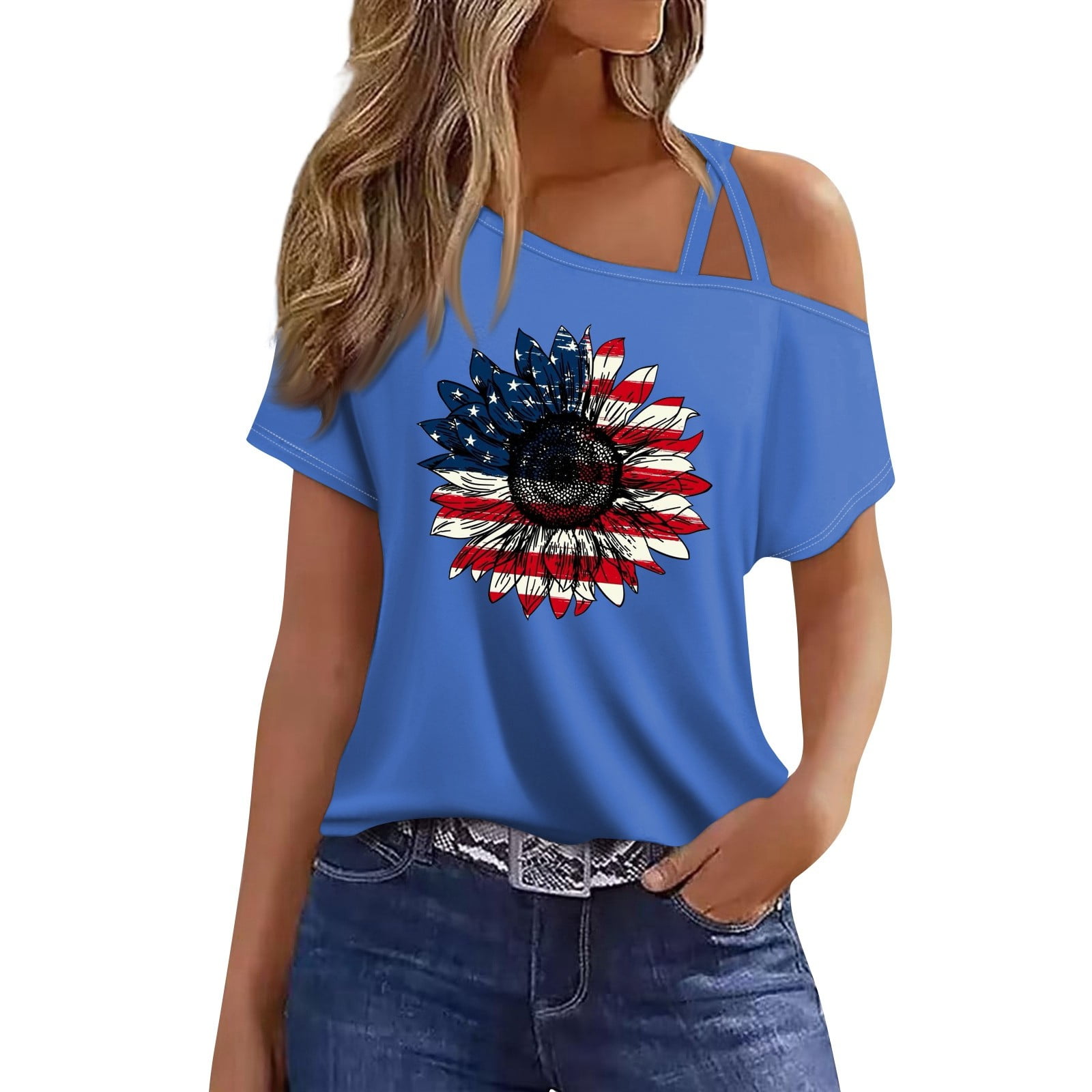 Knosfe American Flag Shirts for Women 2024 One Shoulder Patriotic Stars ...