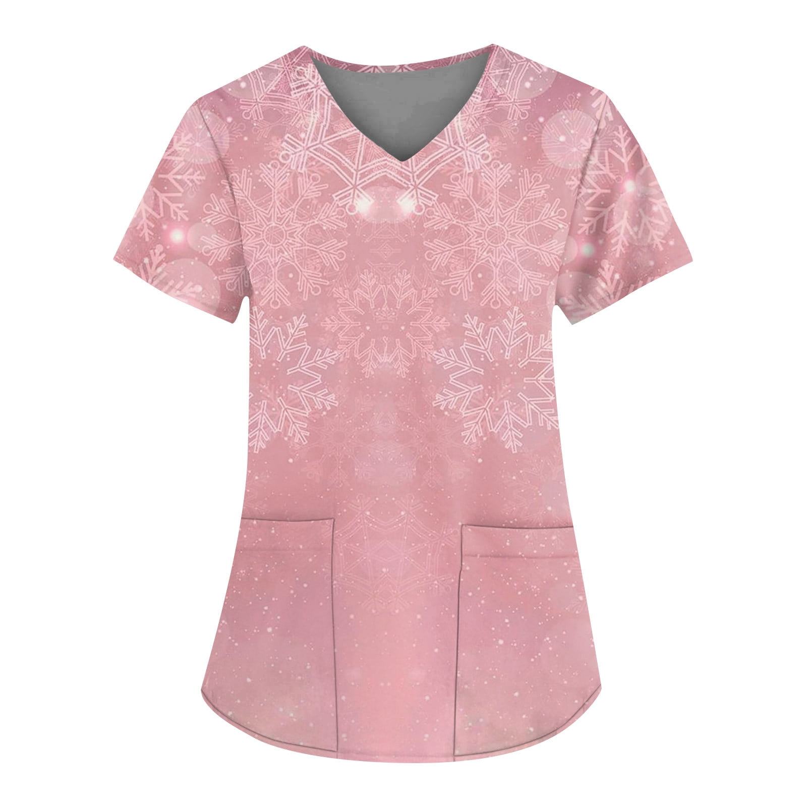 Knosfe Christmas Women Scrub Top Short Sleeve Snowflake V Neck Medical