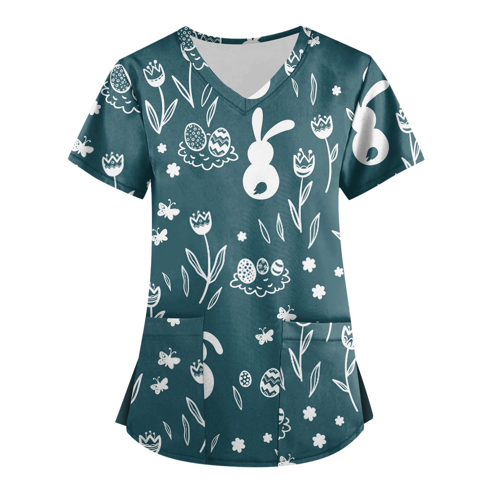Knosfe Easter Day Scrubs V Neck Rabbit Uniforms Short Sleeve Scrubs ...