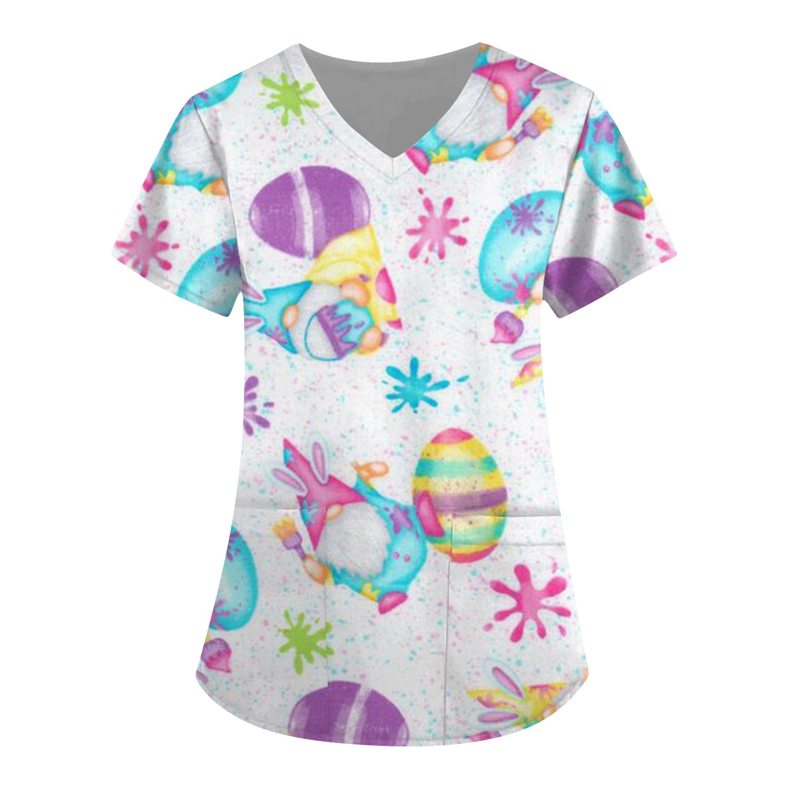 Knosfe Easter Scrub Tops Plus Size V Neck Bunny Workwear Short Sleeve ...