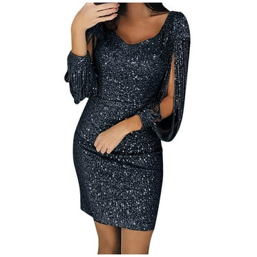 Chiccall Women's Sparkle Glitzy Glam Sequin Long Sleeve Flapper Wedding Guest Party Club Dress ...