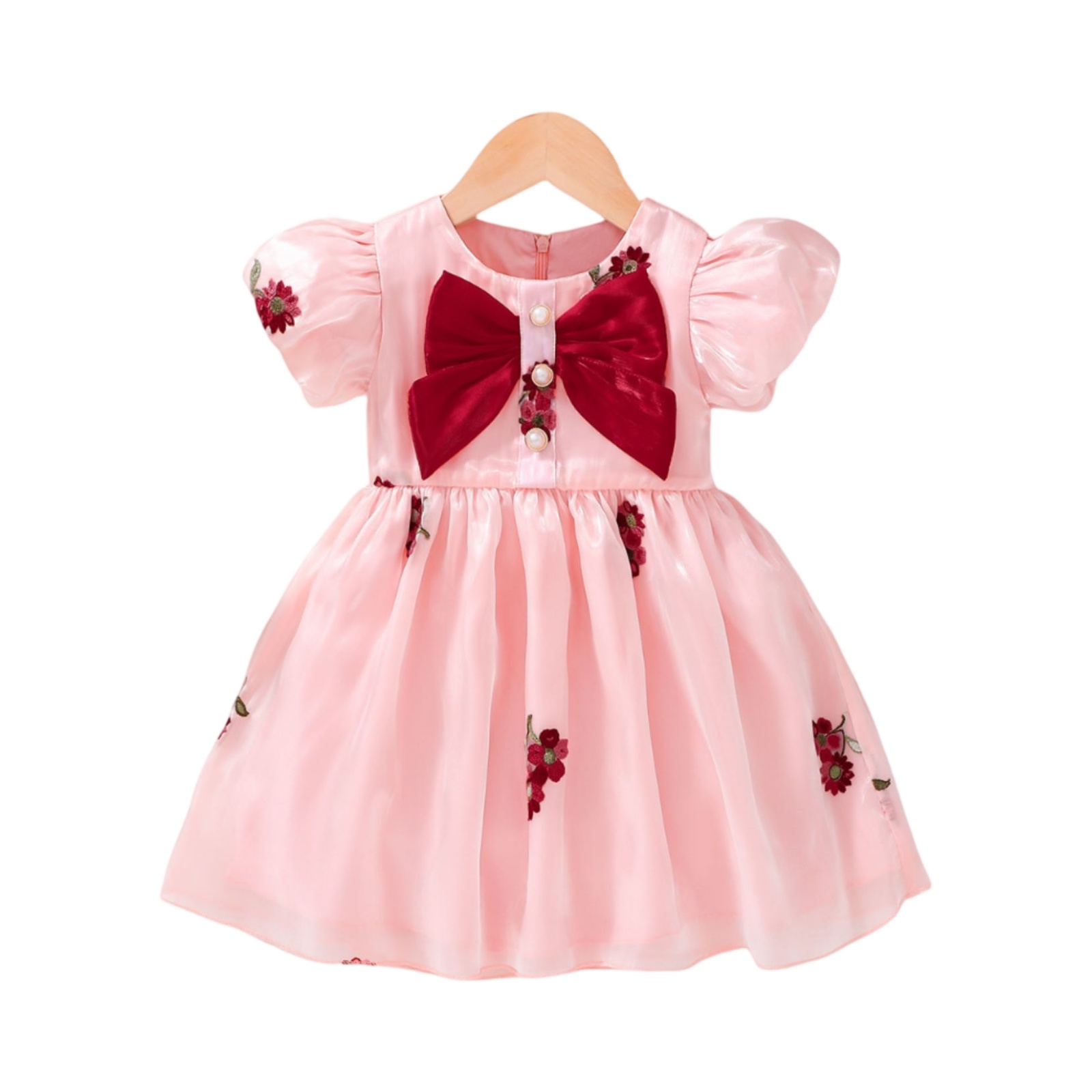 Knosfe Girls' Pink Tulle Dress with Round Neck, Red Velvet Bowknot ...