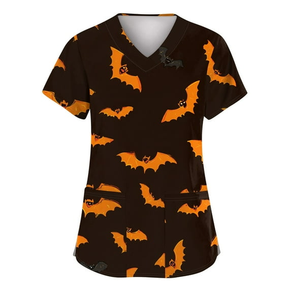 Knosfe Halloween Scrub Tops for Women Short Sleeve Funny Skeleton Bat ...
