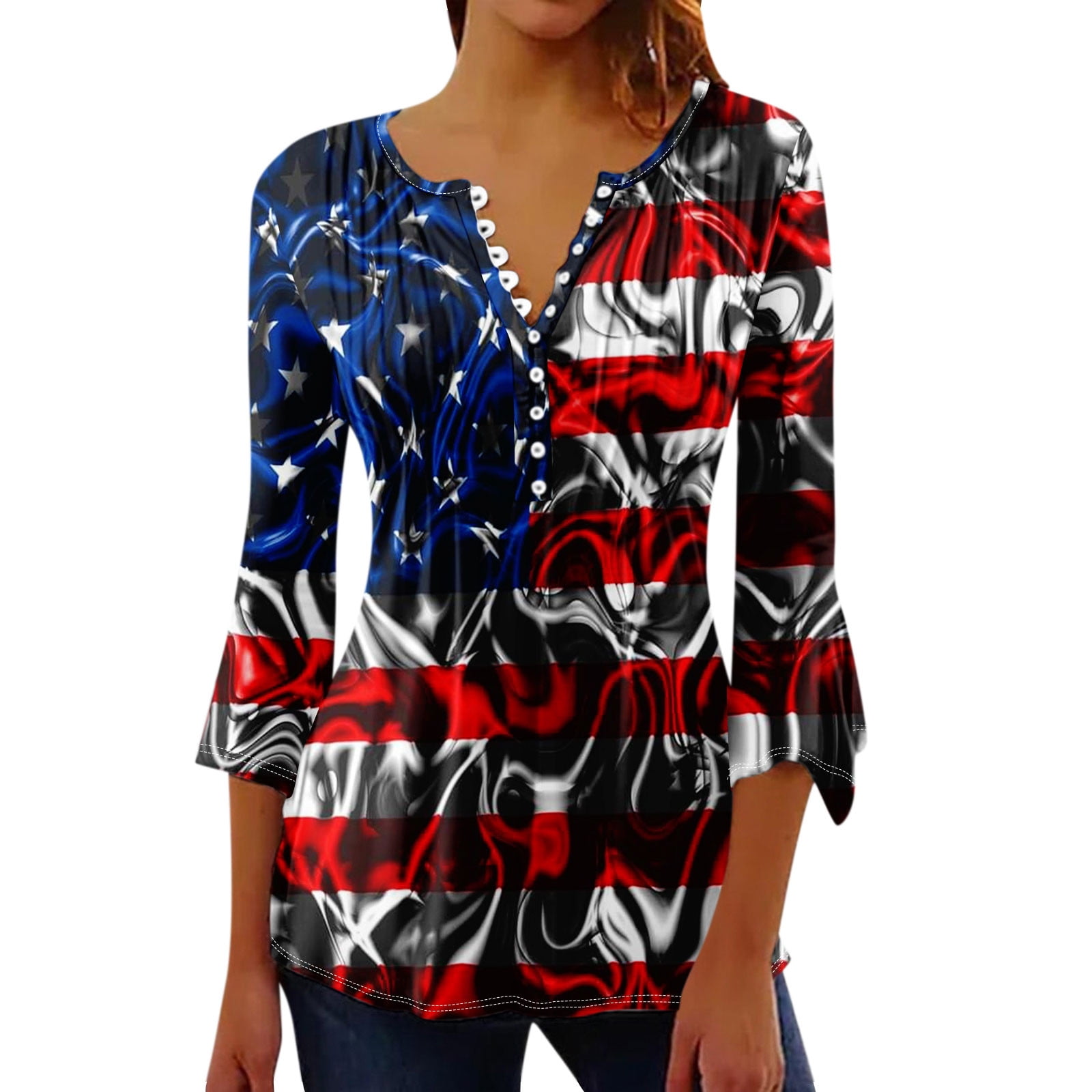 Knosfe Independence Day Tunic Tops For Women Casual 34 Sleeve American Flag Stars Striped Tops