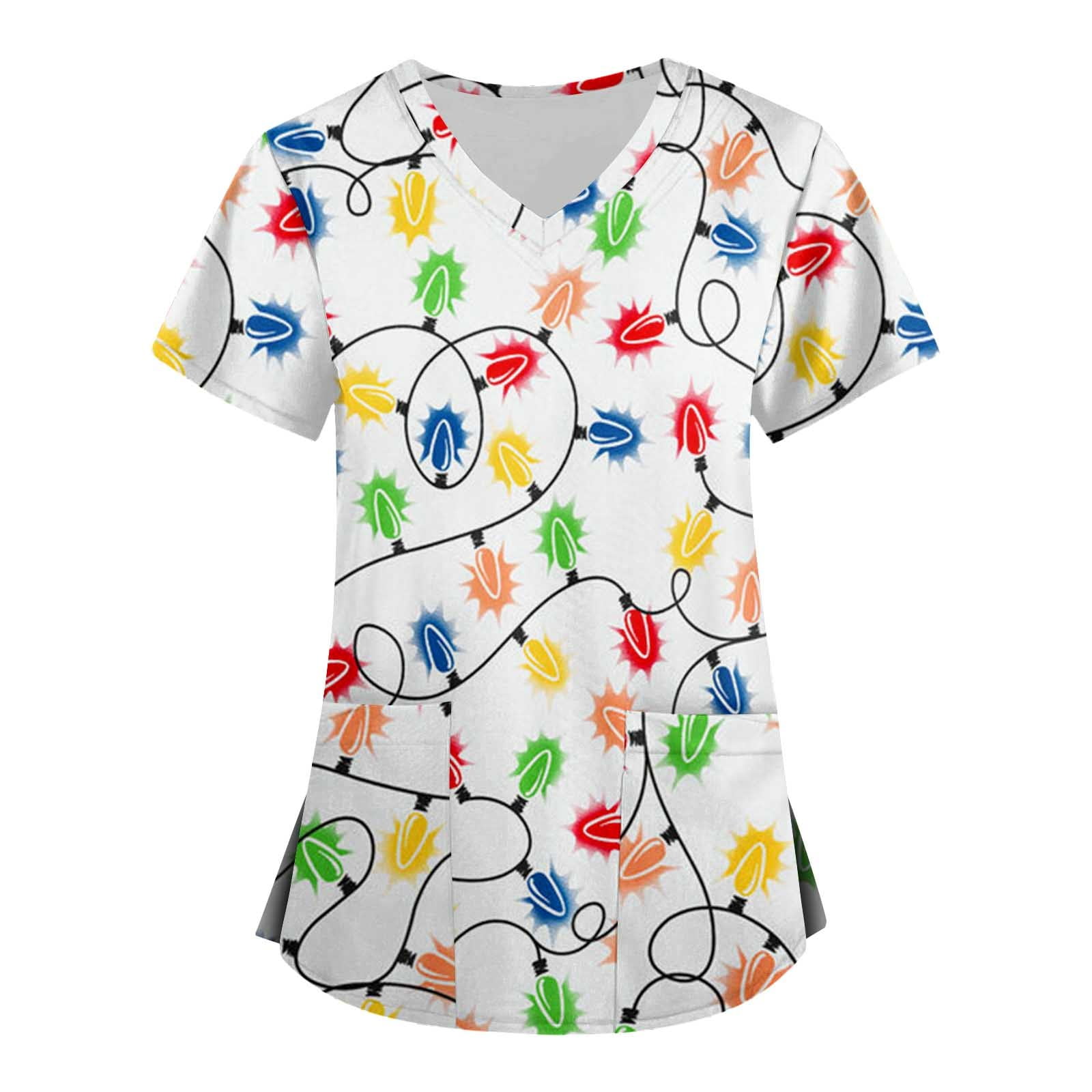 Knosfe Plus Size Scrub Tops V Neck Short Sleeve Christmas Plus Size Scrubs For Women Workwear