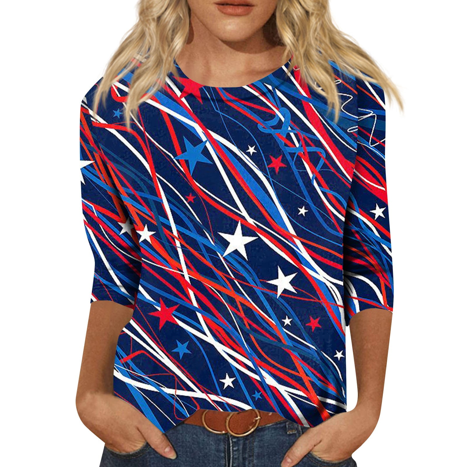 Knosfe Plus Womens Patriotic Tops American Flag 3 4 Sleeve Shirts 4th