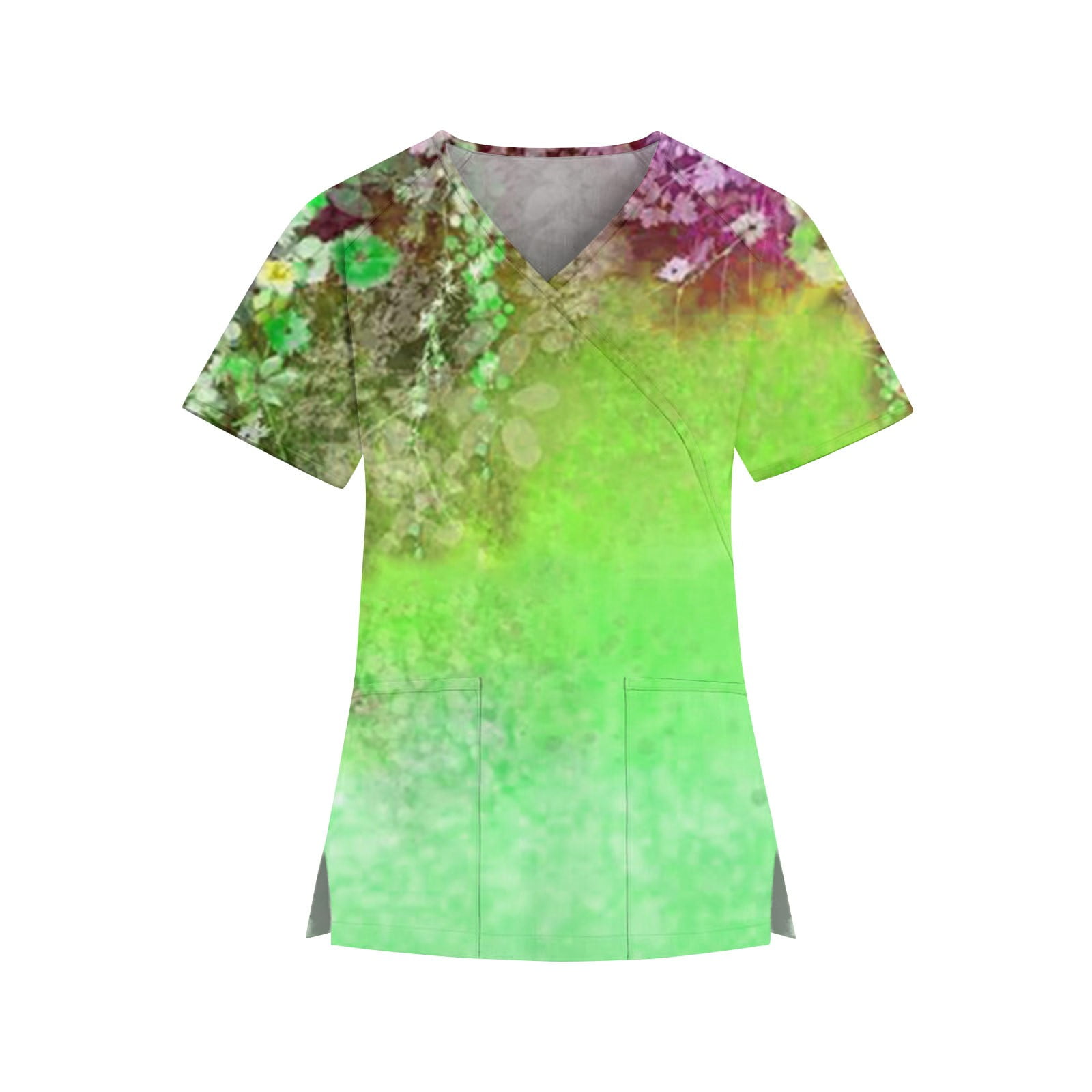 Knosfe Print Scrub Tops For Women V Neck Floral Mock Wrap Maternity Scrubs Short Sleeve Uniform