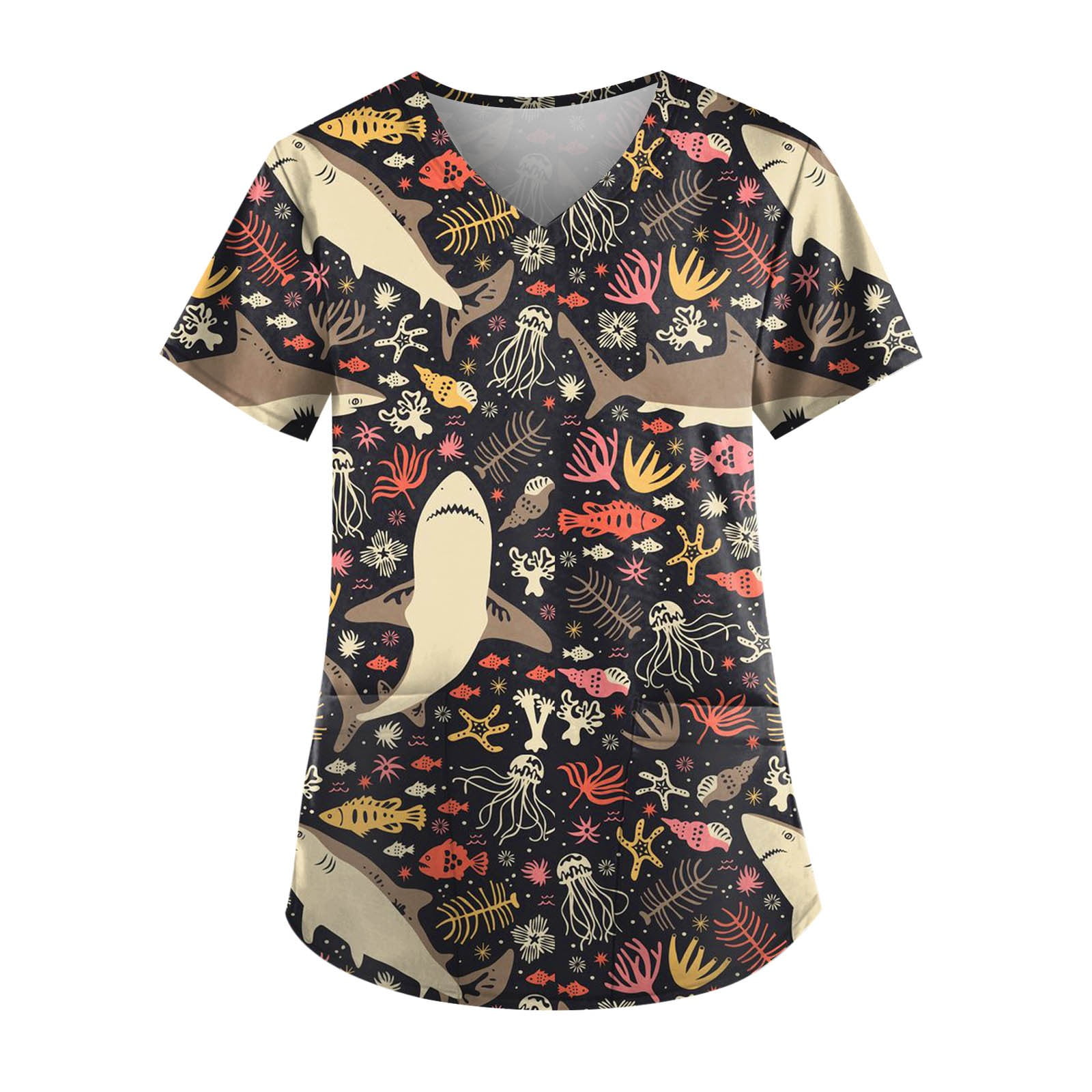 Knosfe Short Sleeve Scrub Tops Women Stretchy Cartoon Pattern Nursing ...