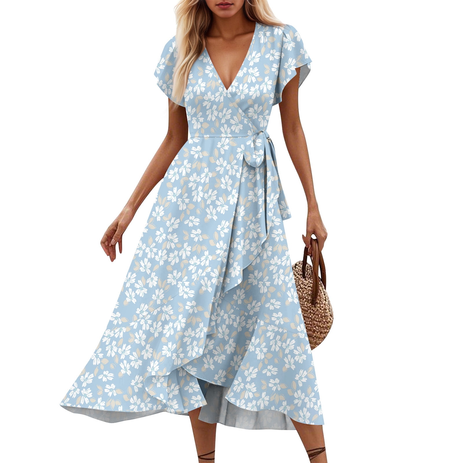 Knosfe Summer Dresses for Women 2025 Casual V Neck Short Sleeve Floral ...