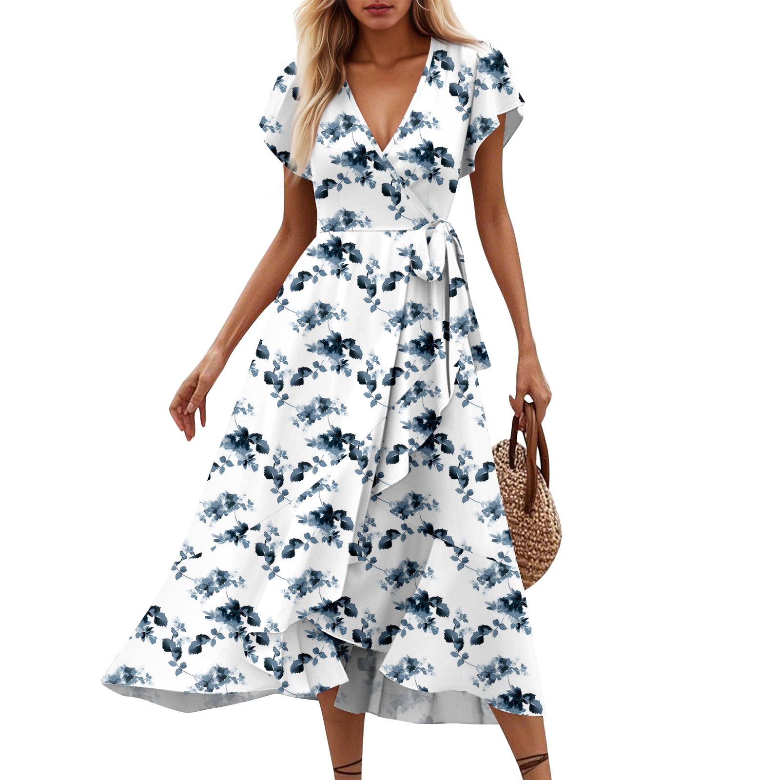 Knosfe Summer Dresses for Women 2025 Casual V Neck Short Sleeve Floral ...