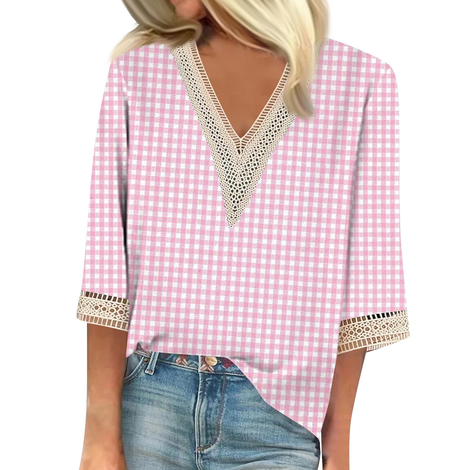 Knosfe Three Quarter Sleeve Tops Woman V Neck Shirts Trendy Lace ...