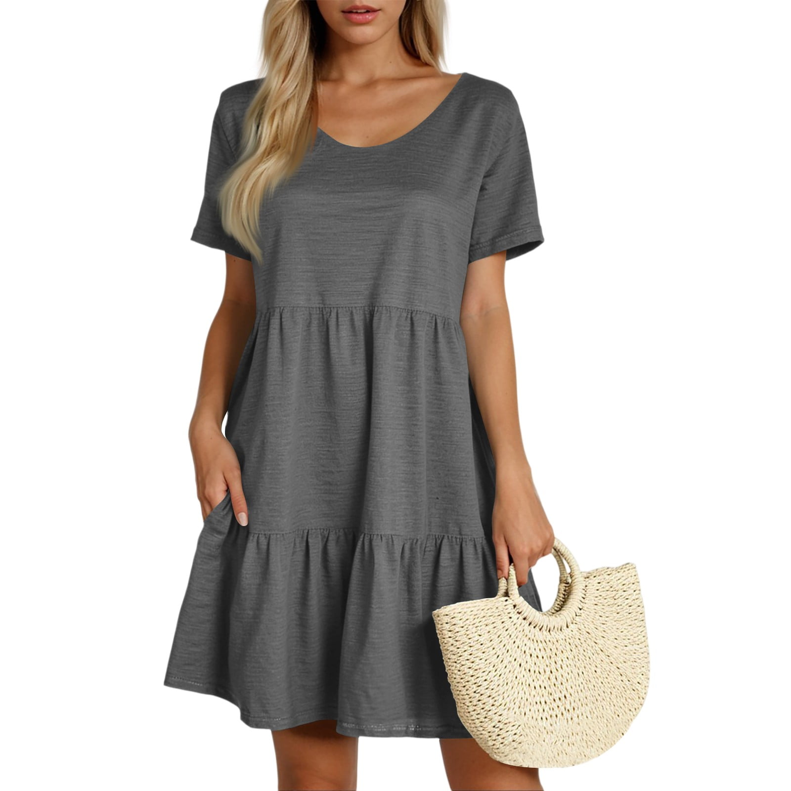 Knosfe Tiered Dresses for Women 2025 Casual V Neck Short Sleeve Dress A ...