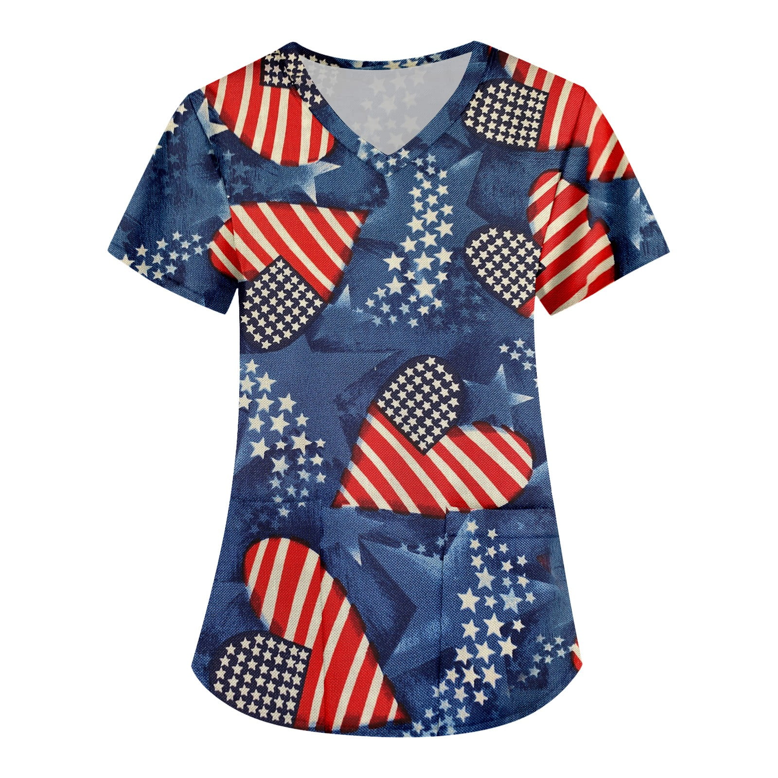 Knosfe V Neck Scrubs For Women Uniforms Flag Print 4th Of July Nursing Dressy Scrub Shirts
