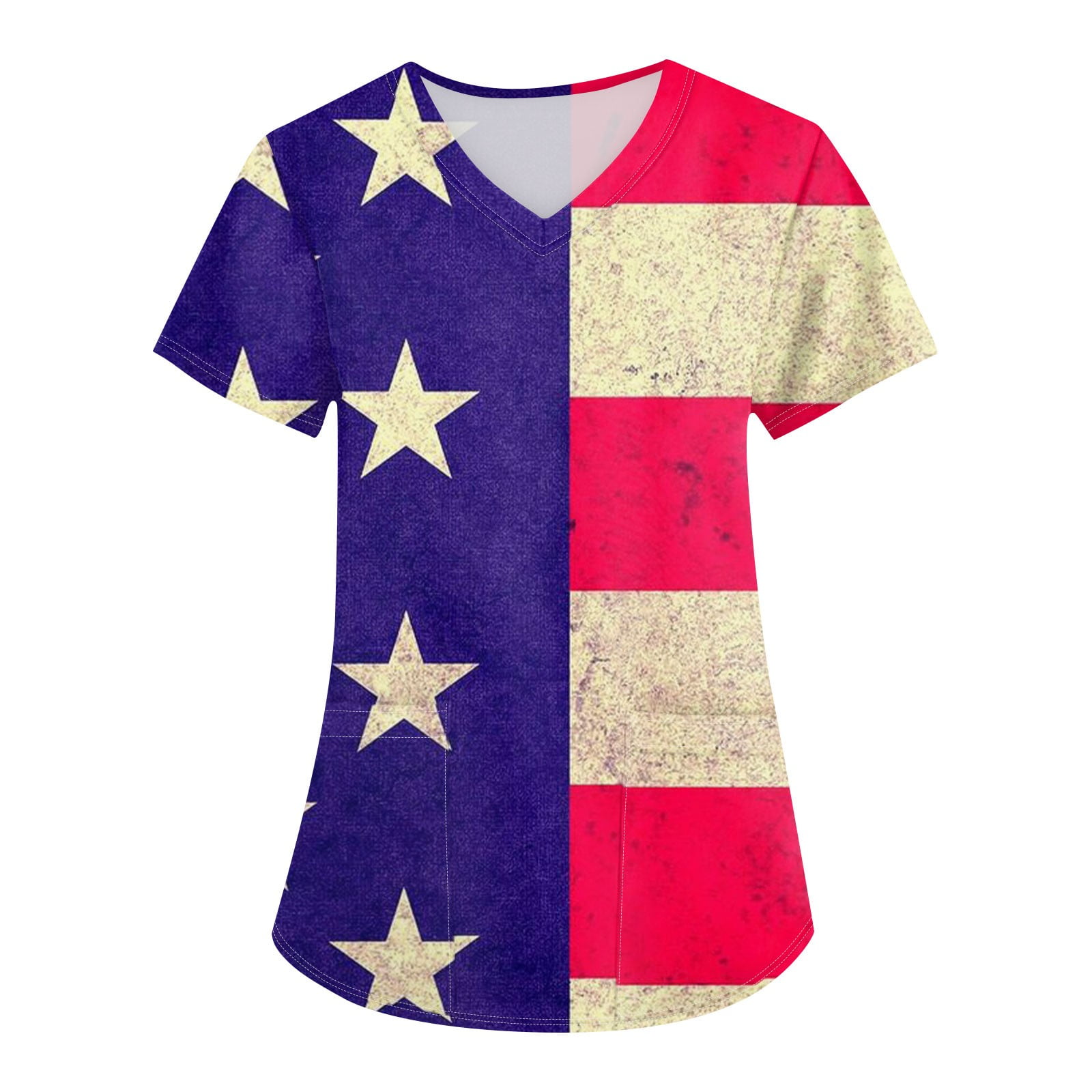 Knosfe V Neck Scrubs Women Workwear Patriotic 4th Of July Short Sleeve Uniforms Summer Scrub