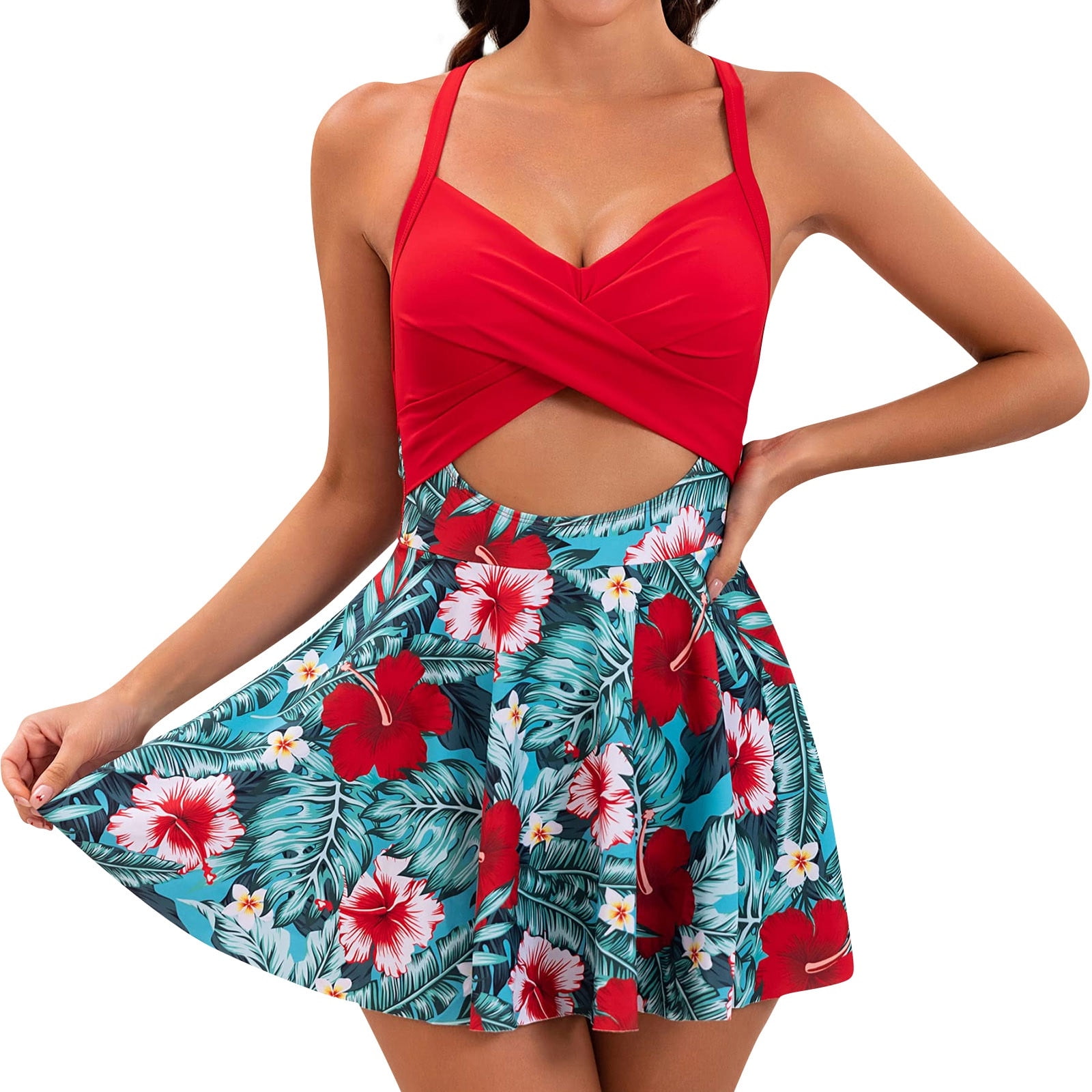 Knosfe Women Plus Size Ruffle One Piece Skirt Swimsuit V Neck Cutout ...