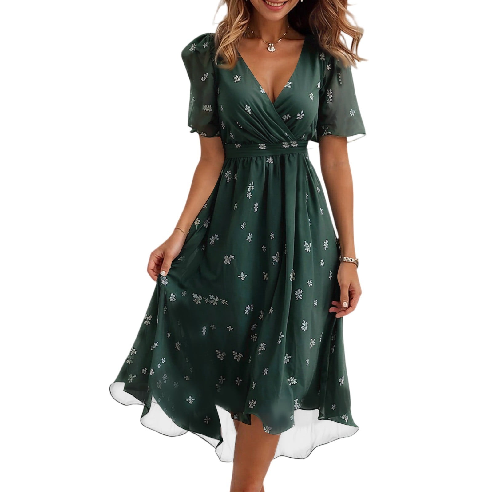 Knosfe Women's Summer Bohemian Floral Wrap Deep V Neck Chiffon Midi ...